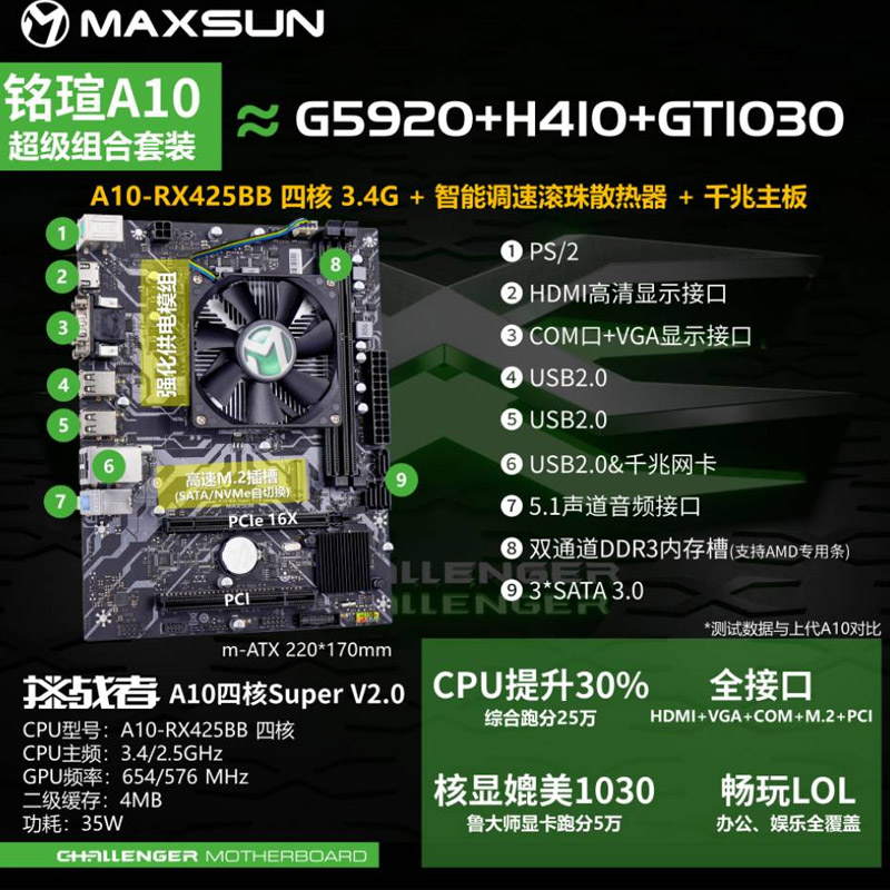 现货性价比高代散热器新款升级铭瑄A10超级组合套装，A10四核SUPER V2.0 CPU型号：A10-RX425BB 四核现货撼地者